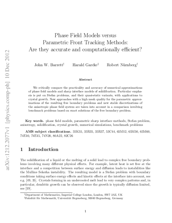 (PDF) Phase Field Models Versus Parametric Front Tracking Methods: Are They Accurate and ...