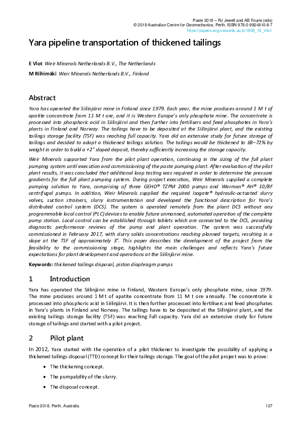 (PDF) Yara pipeline transportation of thickened tailings