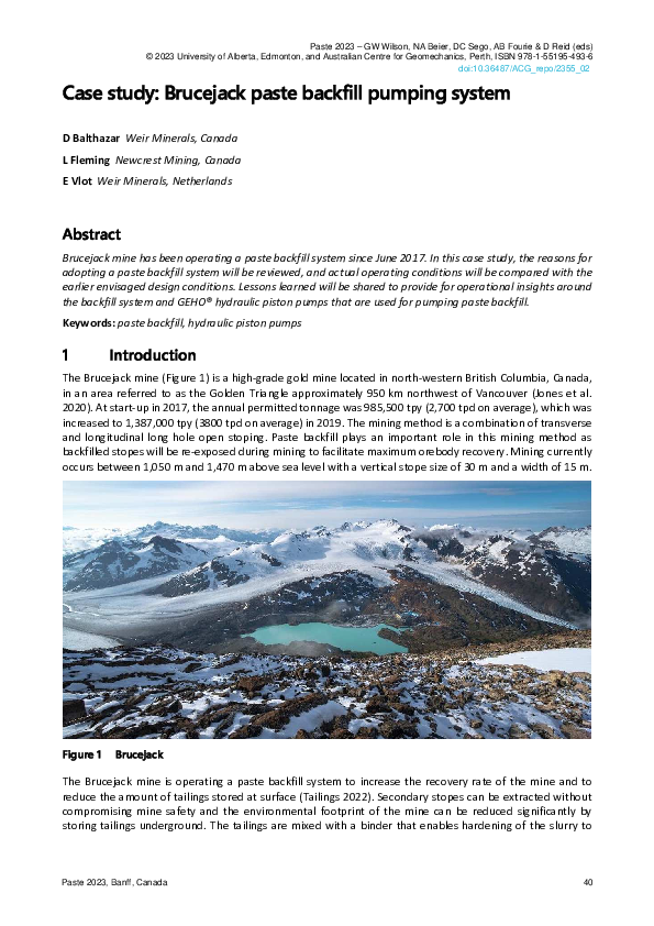 (PDF) Case study: Brucejack paste backfill pumping system