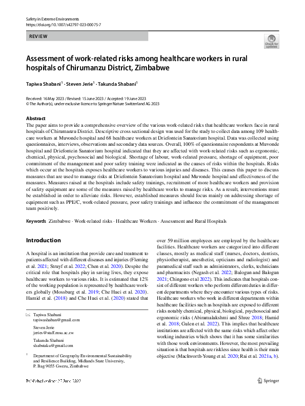 (PDF) Assessment of work-related risks among healthcare workers in ...
