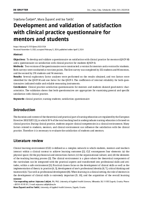 (PDF) Development and validation of satisfaction with clinical practice questionnaire for ...