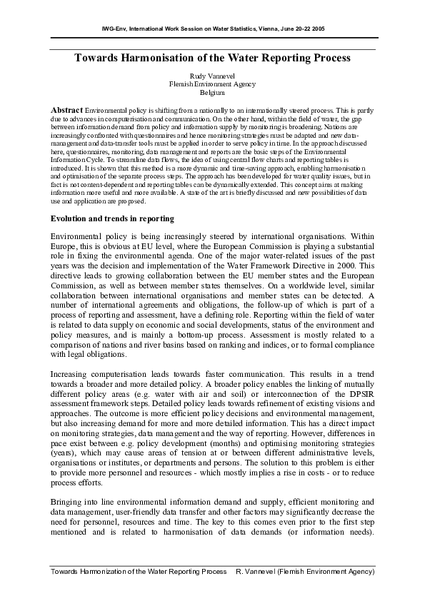 (PDF) Towards Harmonisation of the Water Reporting Process