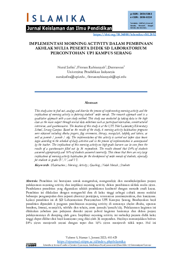 (PDF) Implementasi Morning Activity dalam Pembinaan Akhlak Mulia Peserta Didik SD Laboratorium ...