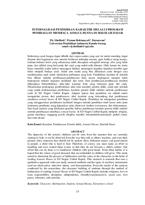 (PDF) Internalisasi Pendidikan Karakter Melalui Program Pembiasaan Membaca Asmaul Husna DI ...