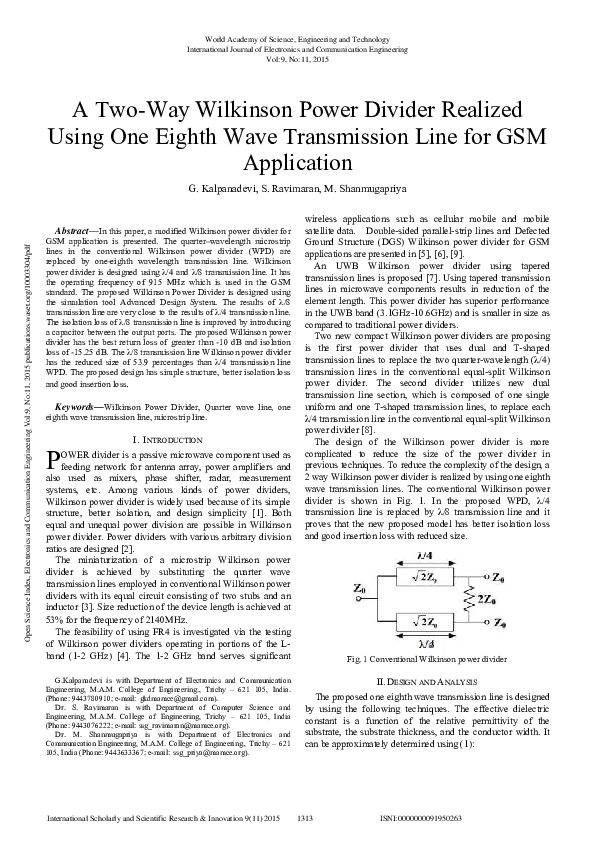 (PDF) A Two-Way Wilkinson Power Divider Realized Using One Eighth Wave ...