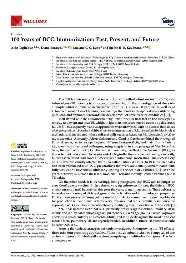 (PDF) 100 Years of BCG Immunization: Past, Present, and Future