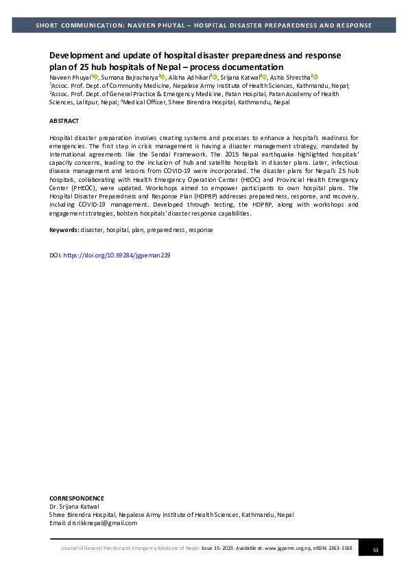 (PDF) Development and update of hospital disaster preparedness and ...