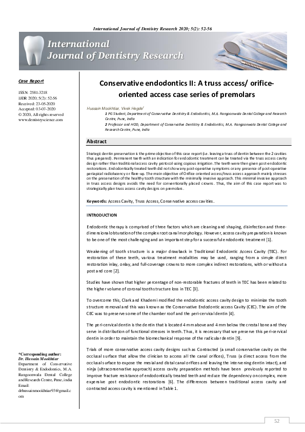 (PDF) Conservative endodontics II: A truss access/ orificeoriented ...