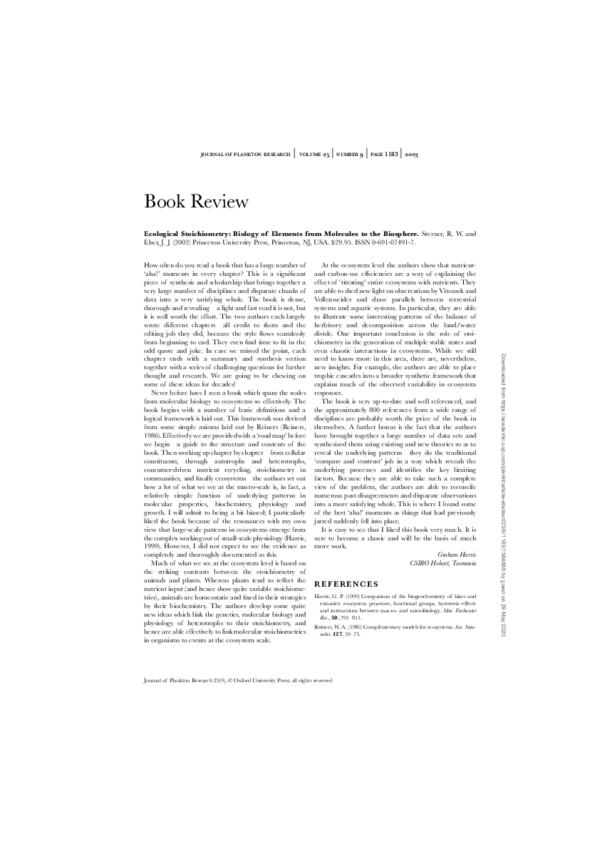 (PDF) Ecological Stoichiometry: Biology of Elements from Molecules to ...