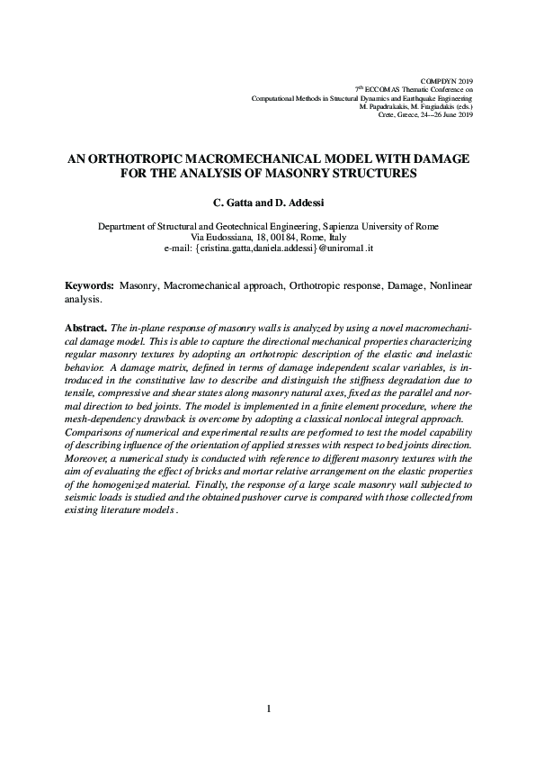 (PDF) An Orthotropic Macromechanical Model with Damage for the Analysis of Masonry Structures