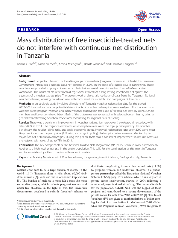 (PDF) Mass distribution of free insecticide-treated nets do not interfere with continuous net ...