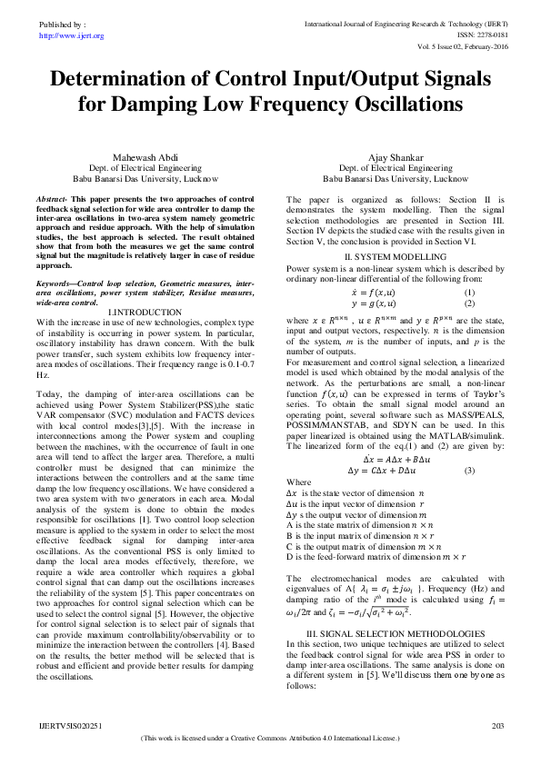 (PDF) Determination of Control Input/Output Signals for Damping Low ...