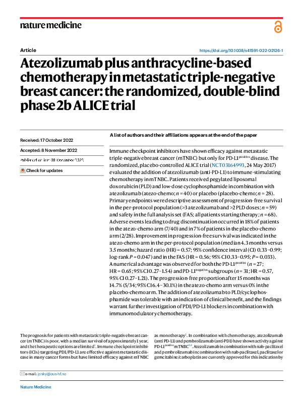 (PDF) Atezolizumab plus anthracycline-based chemotherapy in metastatic triple-negative breast ...