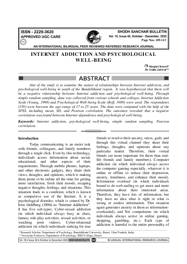 (PDF) INTERNET ADDICTION AND PSYCHOLOGICAL WELL-BEING