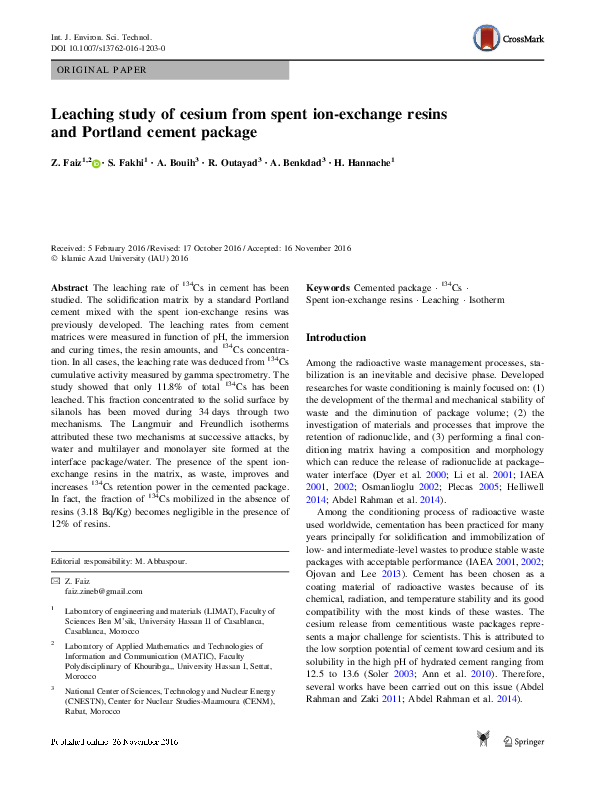 (PDF) Leaching study of cesium from spent ion-exchange resins and Portland cement package