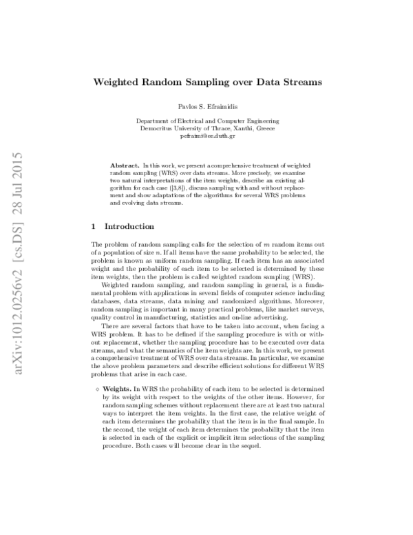 (PDF) Weighted Random Sampling over Data Streams