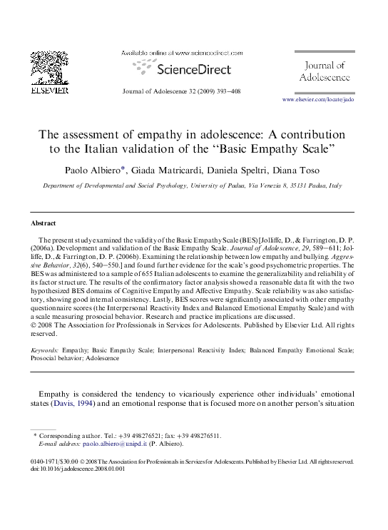 (PDF) The assessment of empathy in adolescence: A contribution to the Italian validation of the ...