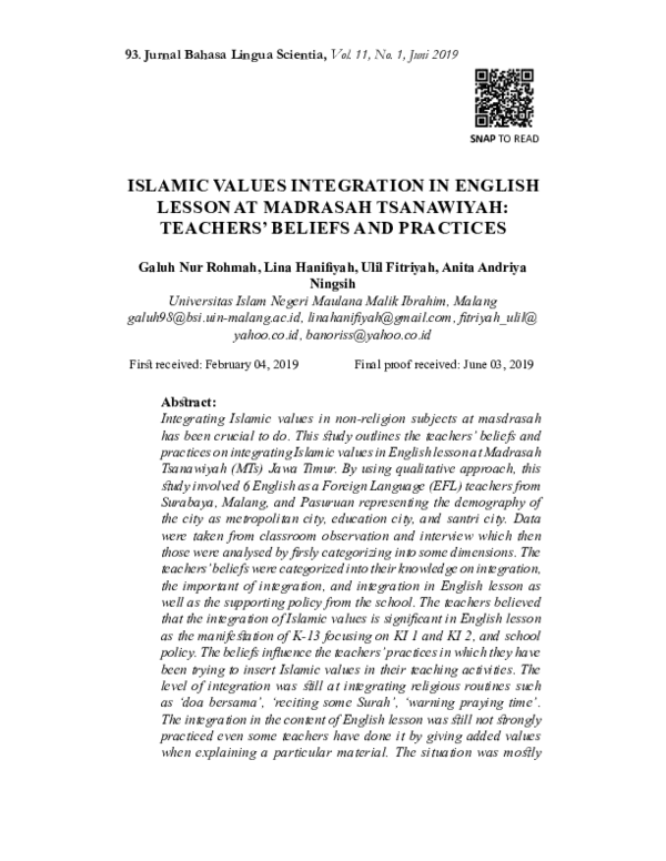 (PDF) Islamic Values Integration in English Lesson at Madrasah Tsanawiyah: Teachers’ Beliefs and ...