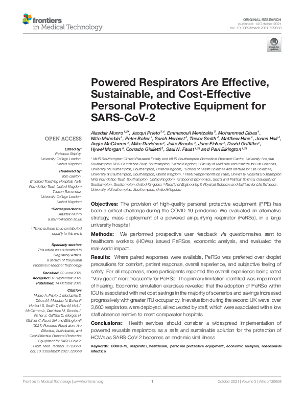 (PDF) Powered Respirators Are Effective, Sustainable, and Cost ...