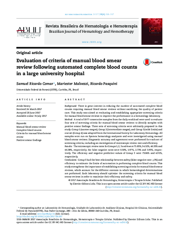 (PDF) Evaluation of criteria of manual blood smear review following ...