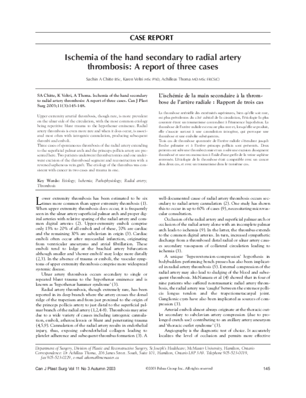 (PDF) Ischemia of the Hand Secondary to Radial Artery Thrombosis: A ...