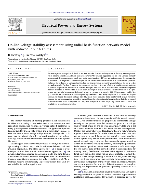 (PDF) On-line voltage stability assessment using radial basis function network model with ...