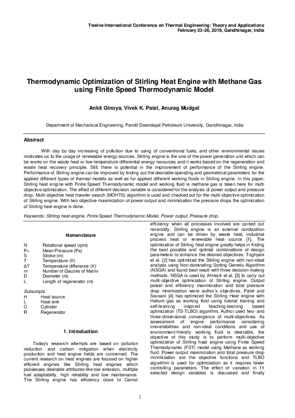 (PDF) Thermodynamic Optimization of Stirling Heat Engine With Methane Gas Using Finite Speed ...