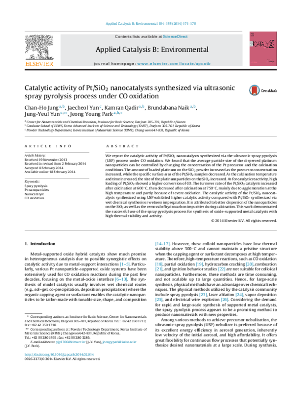 (PDF) Catalytic activity of Pt/SiO2 nanocatalysts synthesized via ultrasonic spray pyrolysis ...