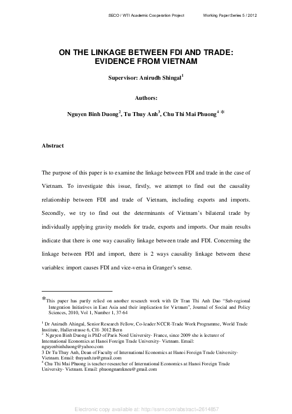 (PDF) On the Linkage between FDI and Trade: Evidence from Vietnam