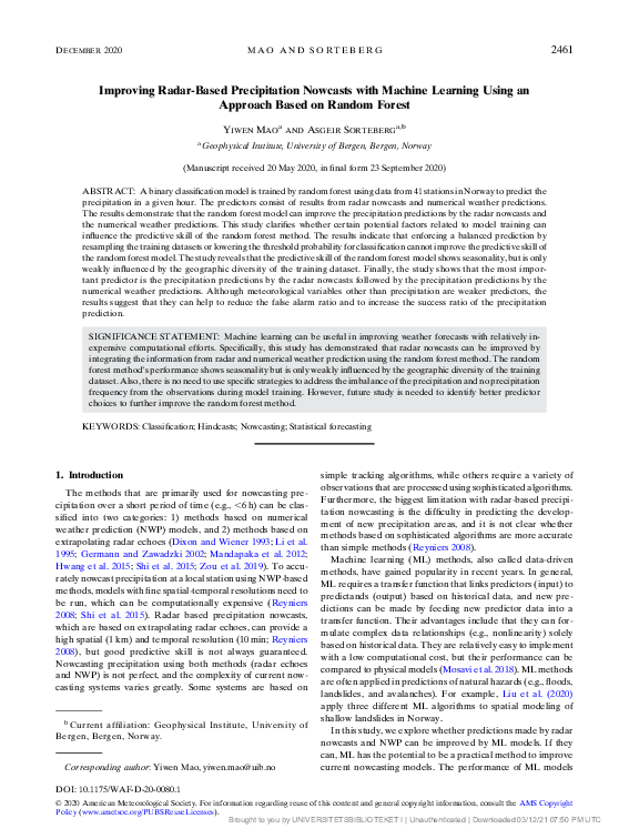 (PDF) Improving Radar-Based Precipitation Nowcasts with Machine Learning Using an Approach Based ...