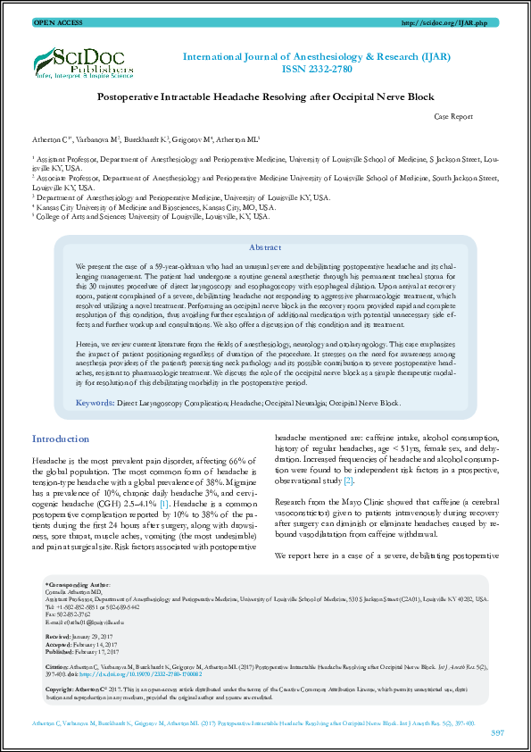 (PDF) Postoperative Intractable Headache Resolving after Occipital ...