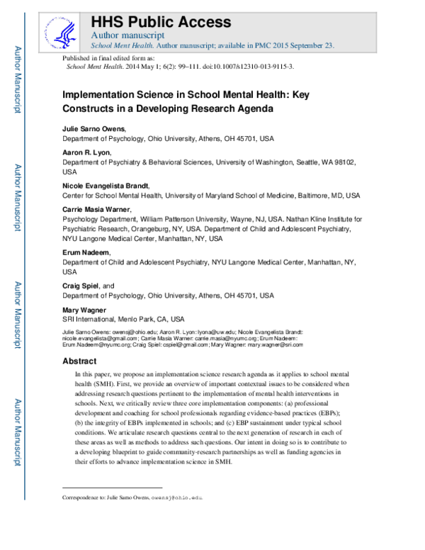 (PDF) Implementation Science in School Mental Health: Key Constructs in ...