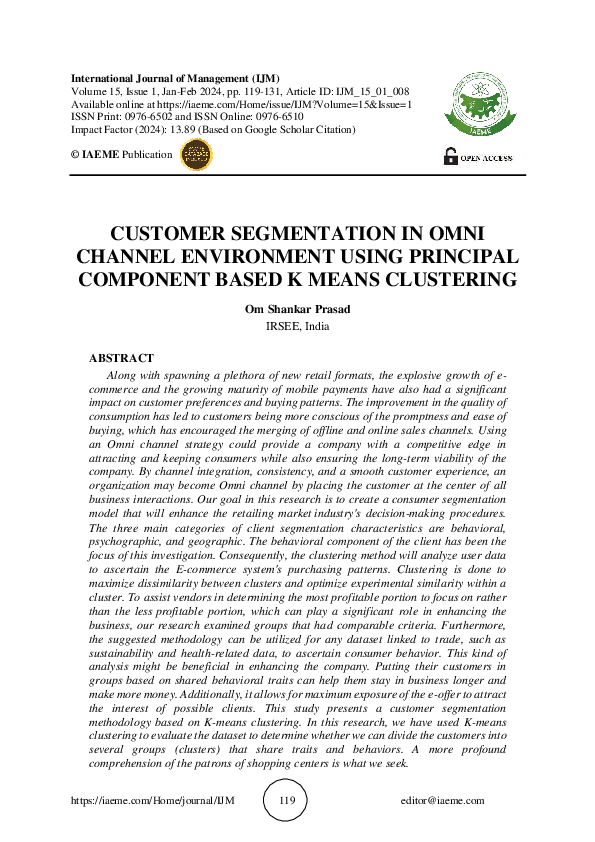 (PDF) CUSTOMER SEGMENTATION IN OMNI CHANNEL ENVIRONMENT USING PRINCIPAL COMPONENT BASED K MEANS ...