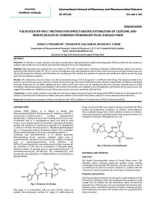 Pdf Validated Rp Hplc Method For Simultaneous Estimation Of Cefixime And Moxifloxacin In