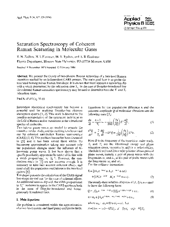 (PDF) Coherent Raman Saturation Spectroscopy Analysis