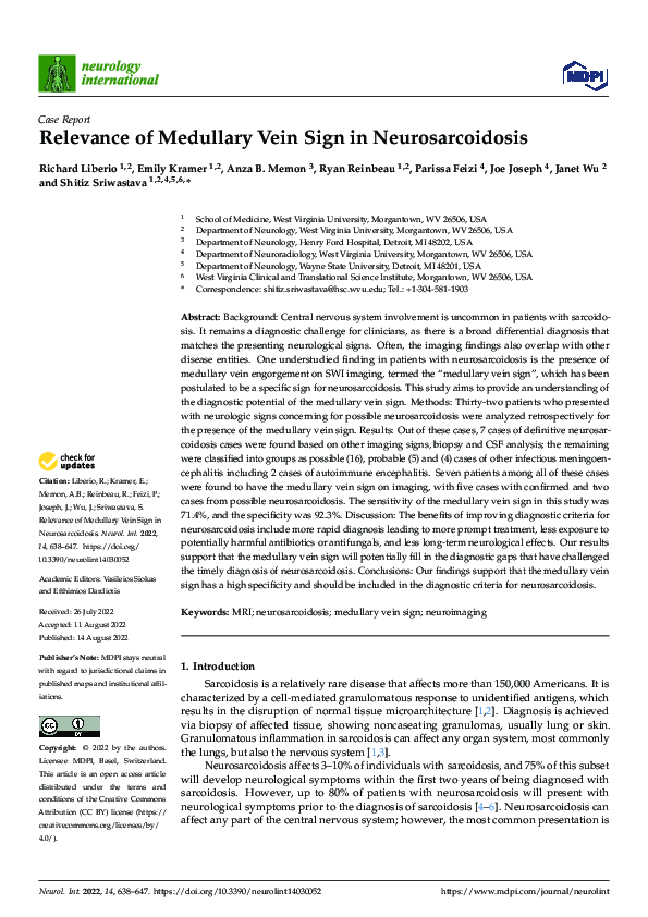 (PDF) Relevance of Medullary Vein Sign in Neurosarcoidosis