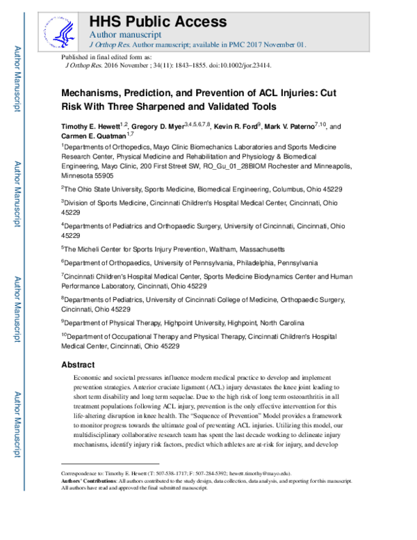(PDF) Mechanisms, prediction, and prevention of ACL injuries: Cut risk ...
