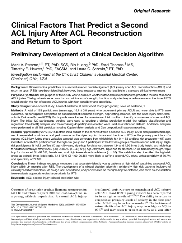 (PDF) Clinical Factors That Predict a Second ACL Injury After ACL ...