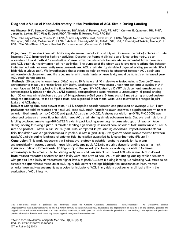 (PDF) Diagnostic Value of Knee Arthrometry in the Prediction of ACL ...