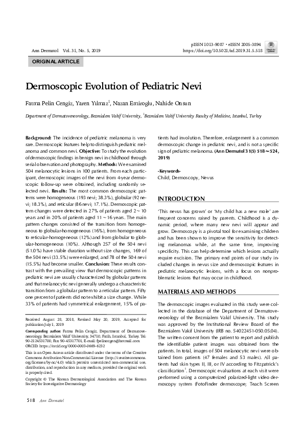 (PDF) Dermoscopic Evolution of Pediatric Nevi
