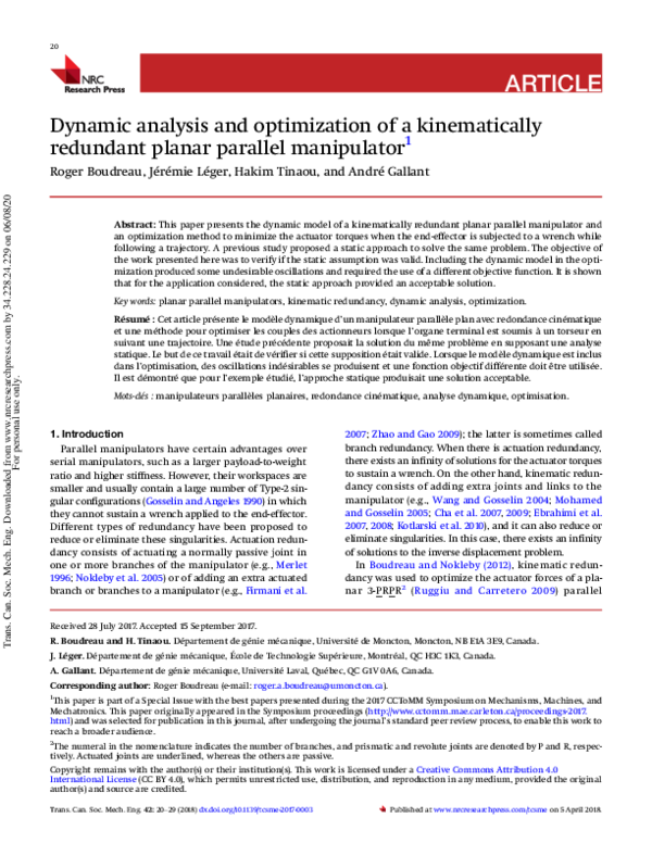 (PDF) Dynamic analysis and optimization of a kinematically redundant planar parallel manipulator