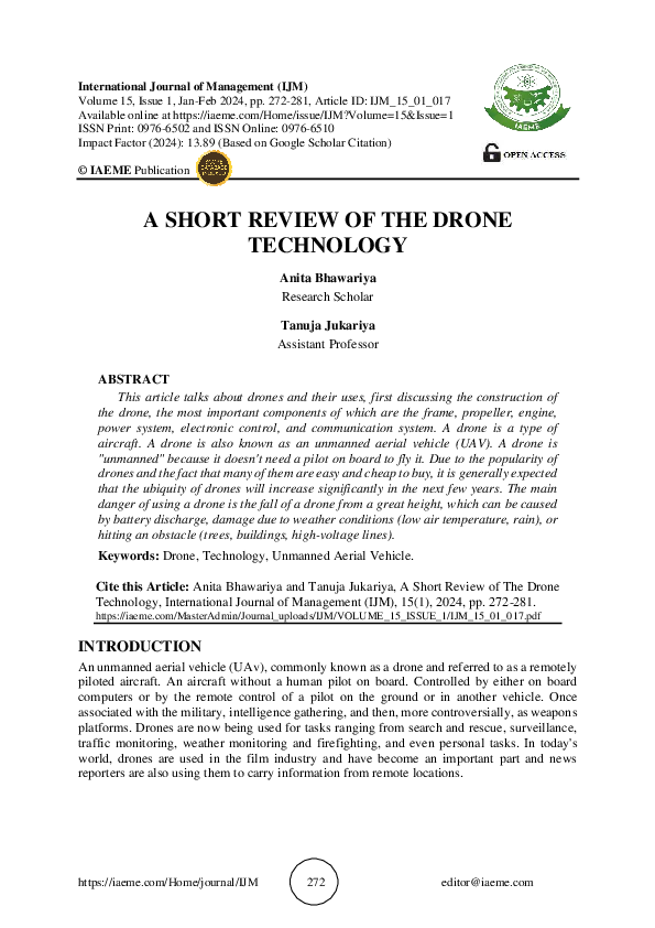 (PDF) A SHORT REVIEW OF THE DRONE TECHNOLOGY