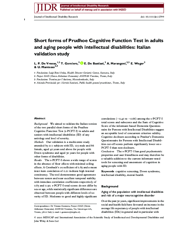 (PDF) Short forms of Prudhoe Cognitive Function Test in adults and ...