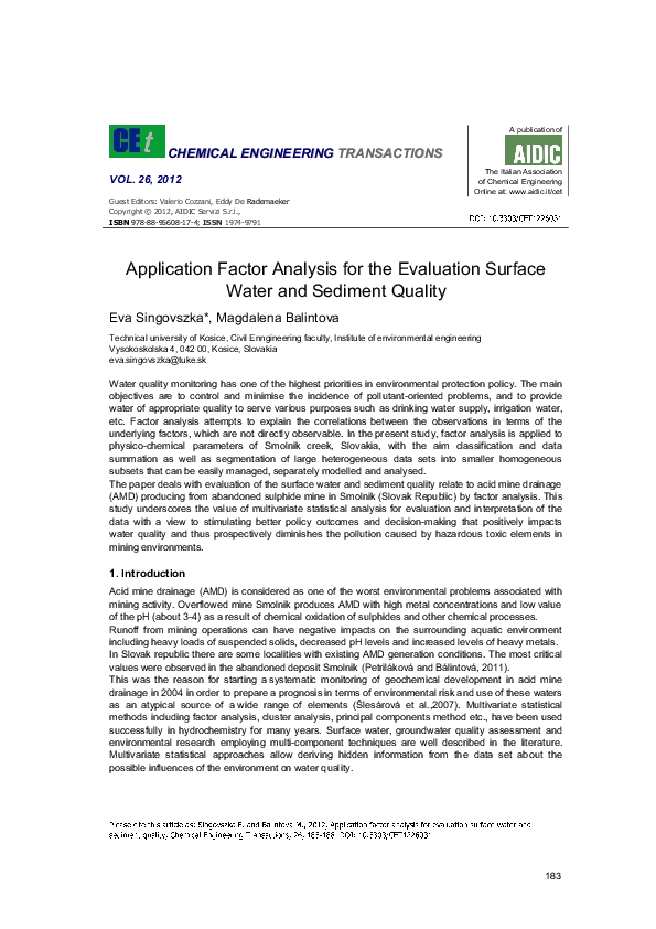 (PDF) Application Factor Analysis for the Evaluation Surface Water and Sediment Quality