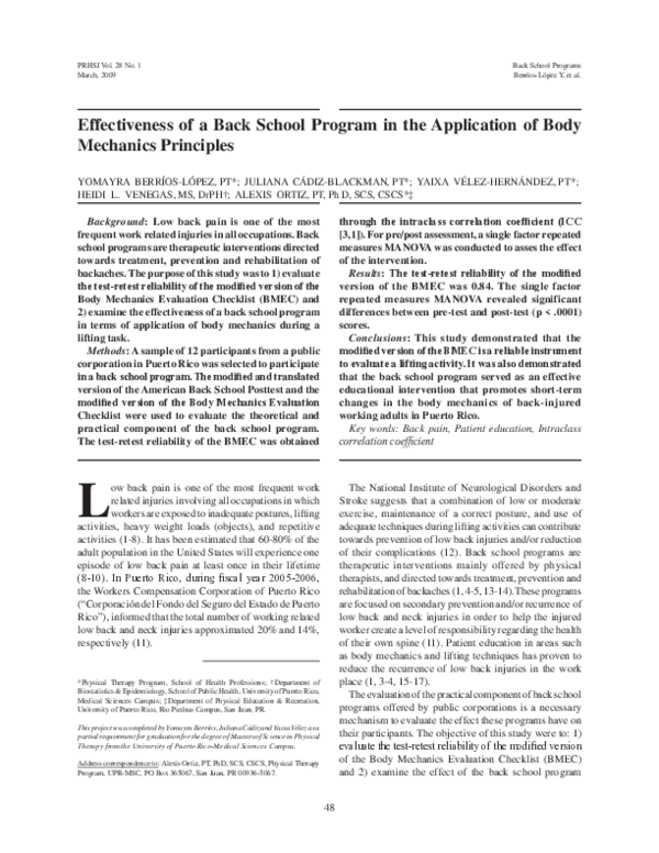 (PDF) Back School Program and Body Mechanics Effectiveness