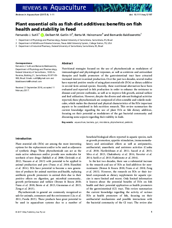 (PDF) Plant essential oils as fish diet additives: benefits on fish health and stability in feed