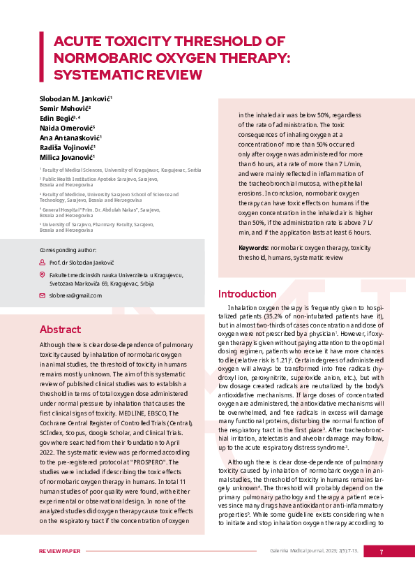 (PDF) Acute toxicity threshold of normobaric oxygen therapy: Systematic ...