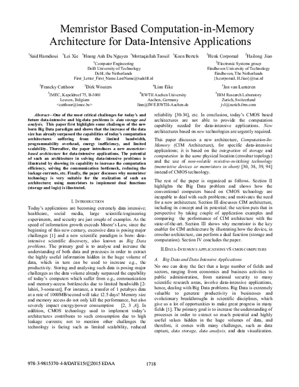 Pdf Memrisor Based Computation In Memory Architecture For Data Intensive Applications