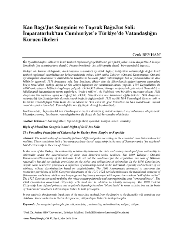(PDF) Kan Bağı/Jus Sanguinis ve Toprak Bağı/Jus Soli: İmparatorluk'tan ...