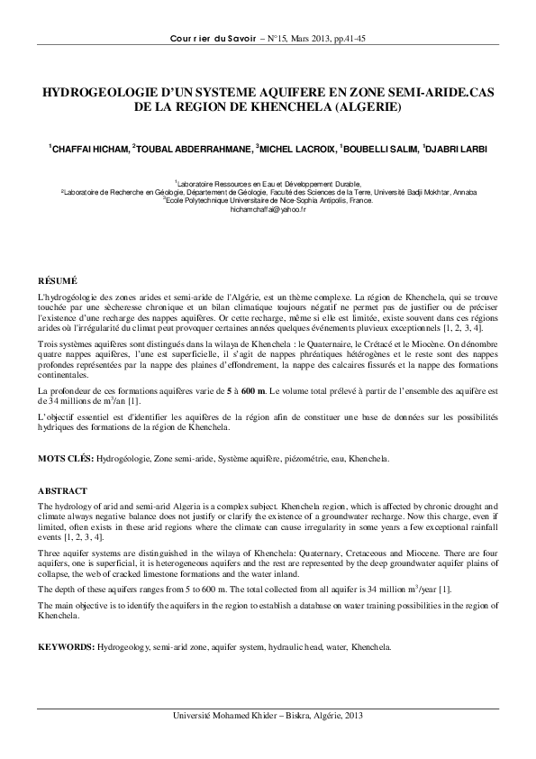 (PDF) Hydrogéologie d'un système aquifère en zone semi-aride. Cas de la ...